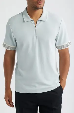 REISS Bruno Quarter Zip Polo Soft Blue