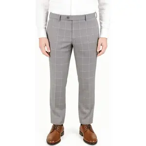 Berle Lightweight Windowpane Check Flat Front Mesh Weave Wool Dress Pants - Medium Grey
