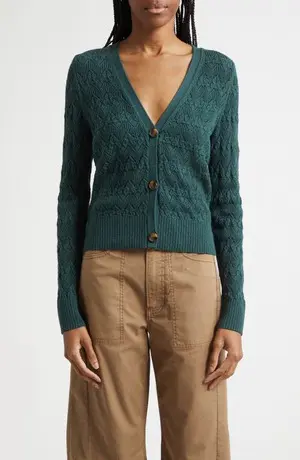 Veronica Beard Elysia Pointelle Cotton & Cashmere Cardigan - Pine