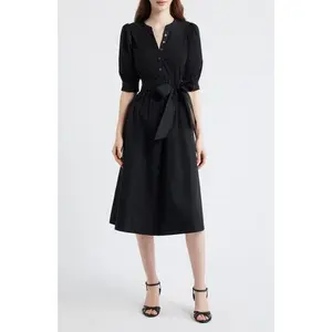 Eliza J Twofer Mixed Media Belted Midi Dress - Black