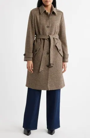 Bernardo Long Belted Coat - Brown Gingham