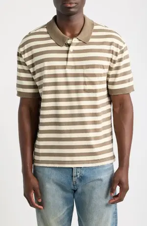 ELWOOD Stripe Distressed Crop Cotton Polo - Brown Stripe