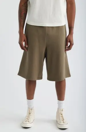 ELWOOD Pleated Baggy Organic Cotton Graphic Sweat Shorts - Brown