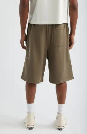 ELWOOD Pleated Baggy Organic Cotton Graphic Sweat Shorts - Brown