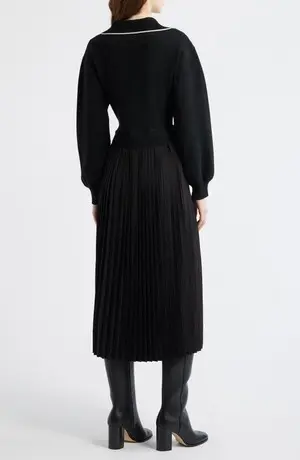 ZOE AND CLAIRE Two-tone Sweater Dress With Pleated Skirt - Black/ivory