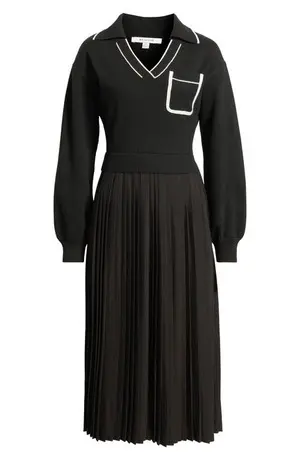 ZOE AND CLAIRE Two-tone Sweater Dress With Pleated Skirt - Black/ivory