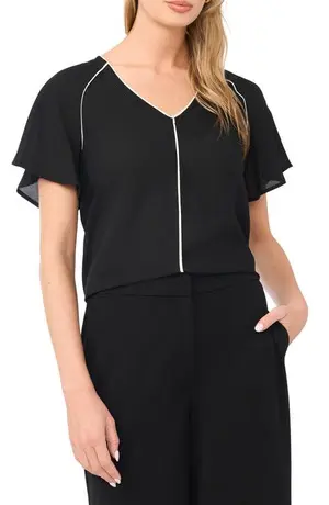 Vince Camuto Piped Flutter Sleeve Top - Rich Black