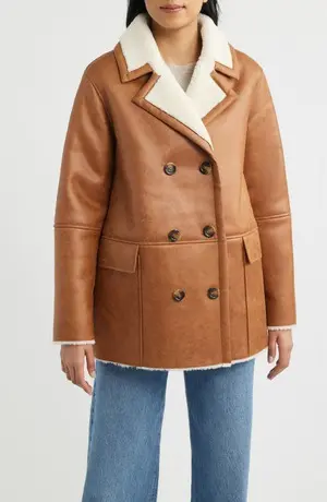 Bernardo Double Breasted Faux Shearling Coat - Cognac/white