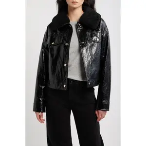 Michael Kors Faux Patent Leather & Faux Shearling Jacket - Black