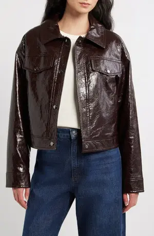 Michael Kors Faux Patent Leather & Faux Shearling Jacket - Deep Red