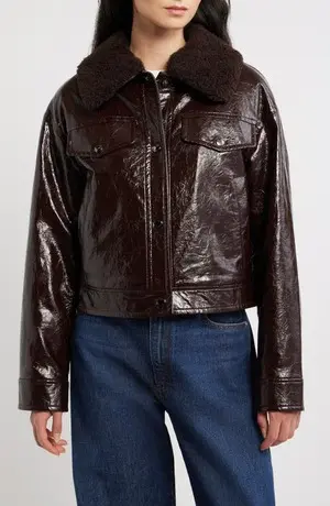 Michael Kors Faux Patent Leather & Faux Shearling Jacket - Deep Red