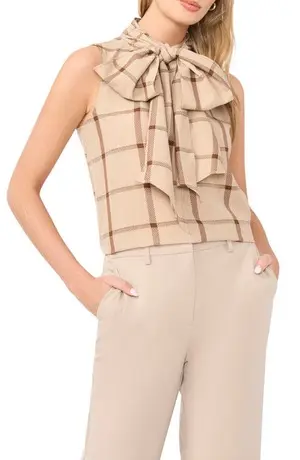 Vince Camuto Check Tie Neck Sleeveless Top - Fall Camel