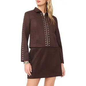 Vince Camuto Studded Faux Suede Trucker Jacket - Dark Roast