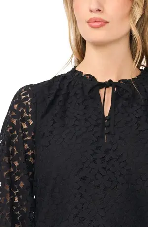 CECE DUPRAZ Lace Ruffle Tie Neck Top - Rich Black