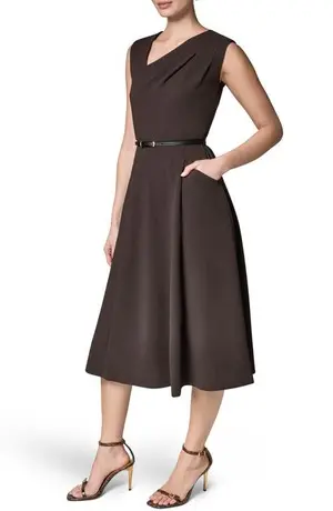 Donna Karan New York Belted Asymmetric Neck Draped Dress
