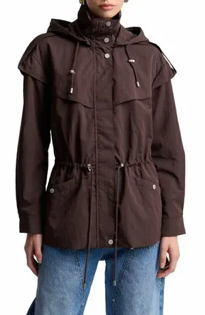 Avec Les Filles Hooded Drawstring Waist Jacket - Espresso