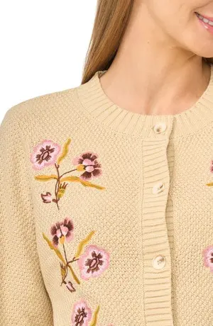 CECE DUPRAZ Embroidered Cotton Blend Cardigan - Bamboo Beige