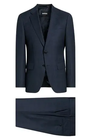 BOSS Huge Slim Fit Microcheck Virgin Wool Suit - Navy