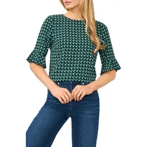 CECE DUPRAZ Geo Print Ruffle Cuff Top Deep Spruce