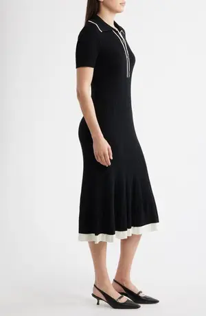 Julia Jordan Ribbed Knit Polo Sweater Dress With Contrast Trim - Black/ivory