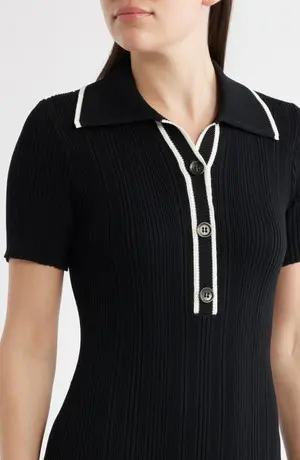 Julia Jordan Ribbed Knit Polo Sweater Dress With Contrast Trim - Black/ivory