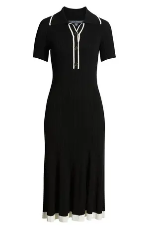 Julia Jordan Ribbed Knit Polo Sweater Dress With Contrast Trim - Black/ivory