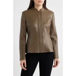 Via Spiga Zip Front Faux Leather Jacket - Taupe