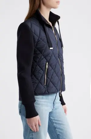 Bernardo Mixed Media Quilt Front Sweater Jacket - Navy