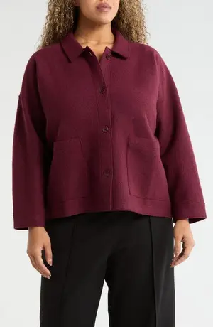 Eileen Fisher Classic Collar Boiled Wool Jacket - Wine