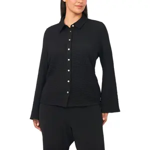 Halogen Flare Sleeve Knit Button-up Shirt - Rich Black
