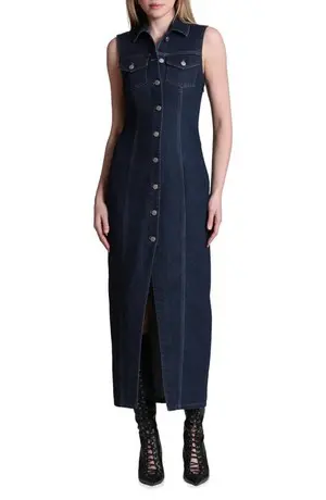 Avec Les Filles Sleeveless Stretch Denim Maxi Dress - Satin Wash