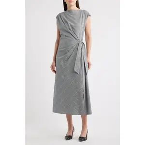 Sam Edelman Windowpane Pladi Side Ruched Cotton Sheath Dress - Grey