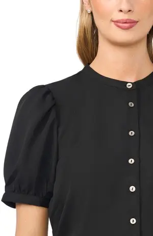 Halogen Puff Sleeve Band Collar Button-up Top - Rich Black