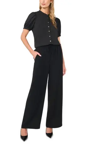 Halogen Puff Sleeve Band Collar Button-up Top - Rich Black
