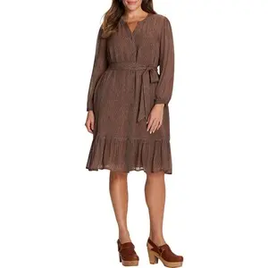 NIC+ZOE Dotty Tie Waist Long Sleeve Georgette Dress - Brown Multi
