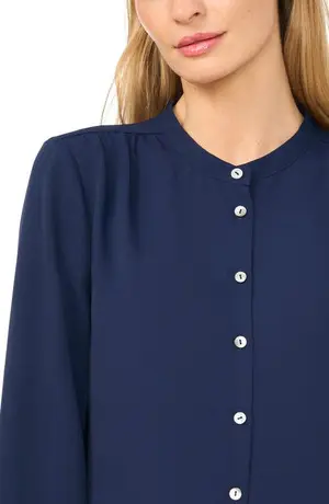 Halogen Shirred Mock Neck Button-up Shirt - Classic Navy