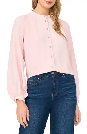 Halogen Shirred Mock Neck Button-up Shirt - Pink Cloud