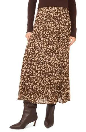 Halogen Pleated Patterned Midi Skirt - Chicory Coffee