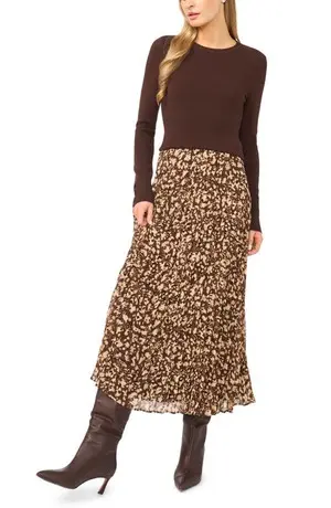 Halogen Pleated Patterned Midi Skirt