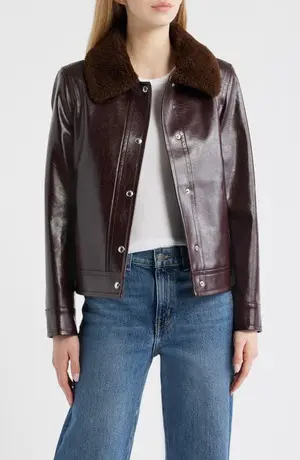 Sam Edelman Slim Fit Faux Leather Jacket With Faux Fur Collar - Burgundy