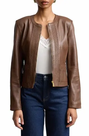 Bagatelle Basketweave Detail Leather Jacket - Saddle