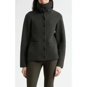 Vince Double Face Wool Blend Turtleneck Cardigan - Dark Thyme