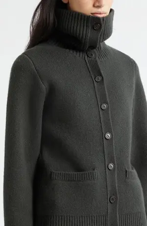 Vince Double Face Wool Blend Turtleneck Cardigan - Dark Thyme