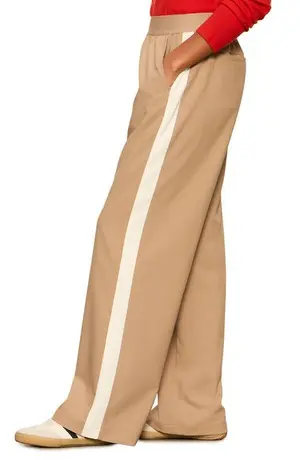 Sanctuary Wide Leg Track Pants With Racing Stripes - Almond