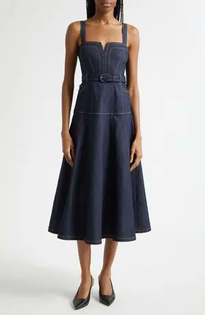 Cinq À Sept Tina Belted Stretch Denim Midi Sundress - Indigo
