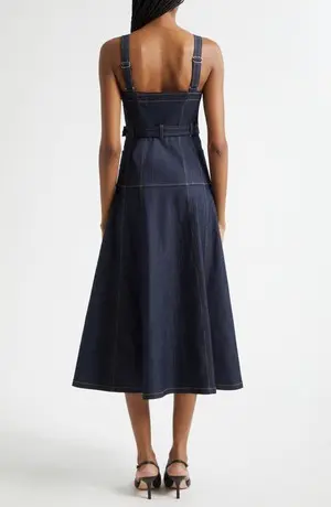 Cinq À Sept Tina Belted Stretch Denim Midi Sundress