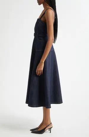 Cinq À Sept Tina Belted Stretch Denim Midi Sundress