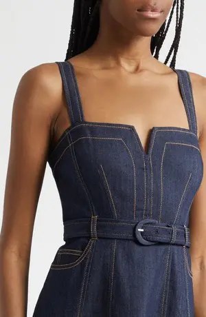 Cinq À Sept Tina Belted Stretch Denim Midi Sundress