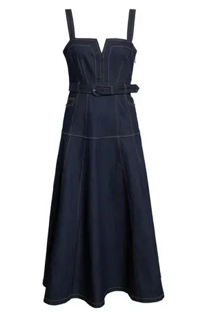 Cinq À Sept Tina Belted Stretch Denim Midi Sundress
