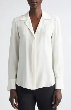 Lafayette 148 New York Scottie Notched Collar Silk Button-up Shirt
